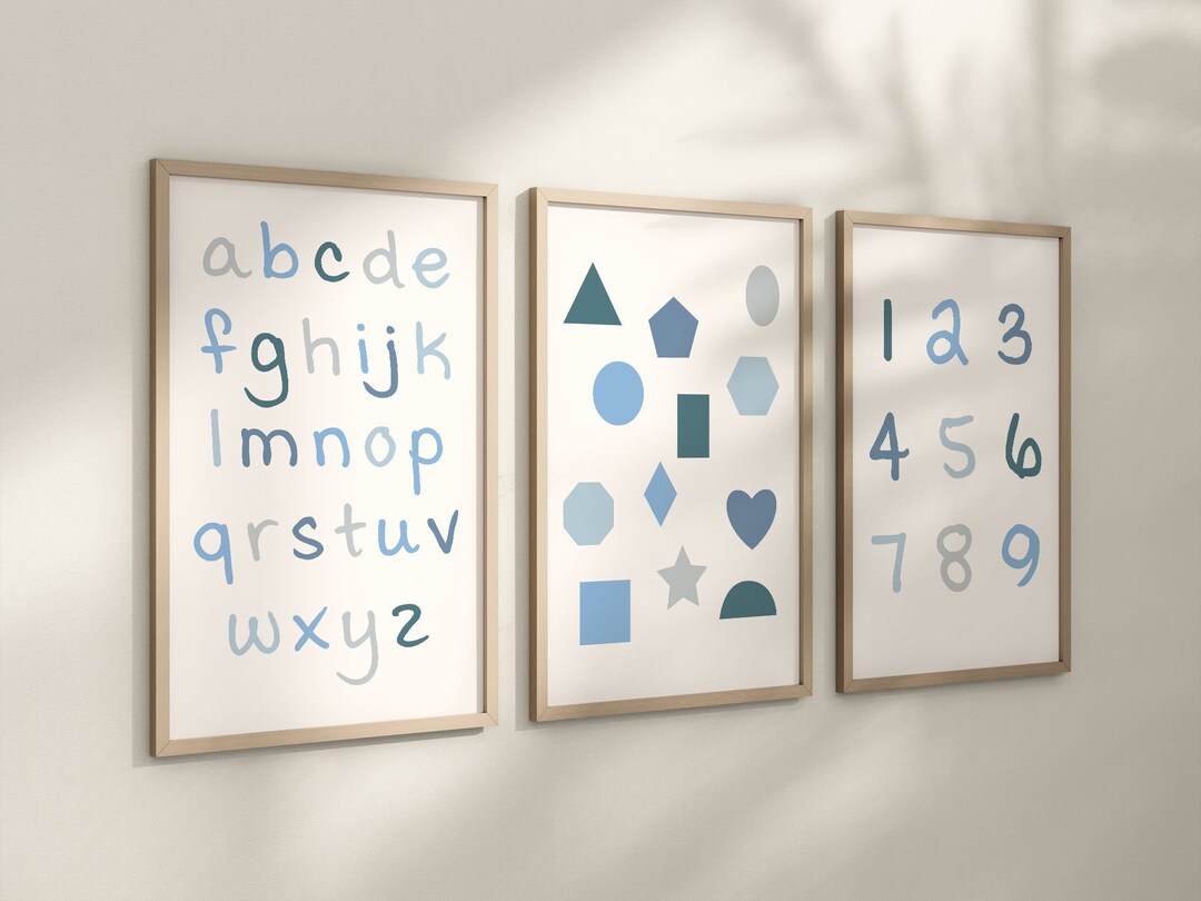 Set of 3 Blue Alphabet and Shapes Nursery Art Prints, Education Wall ...