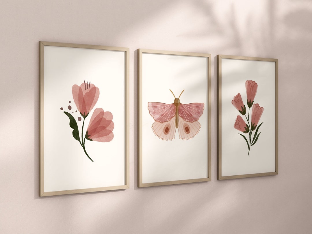 Boho Butterfly Floral Set of 3 Nursery Art Prints, Butterfly Nursery ...