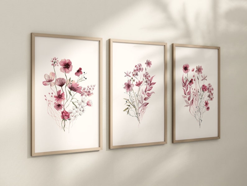 Set of 3 Maroon Boho Wildflowers Floral Art Prints Wall Art - Etsy