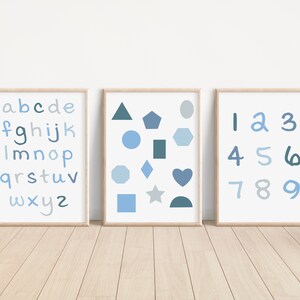 Set of 3 Blue Alphabet and Shapes Nursery Art Prints, Education Wall ...