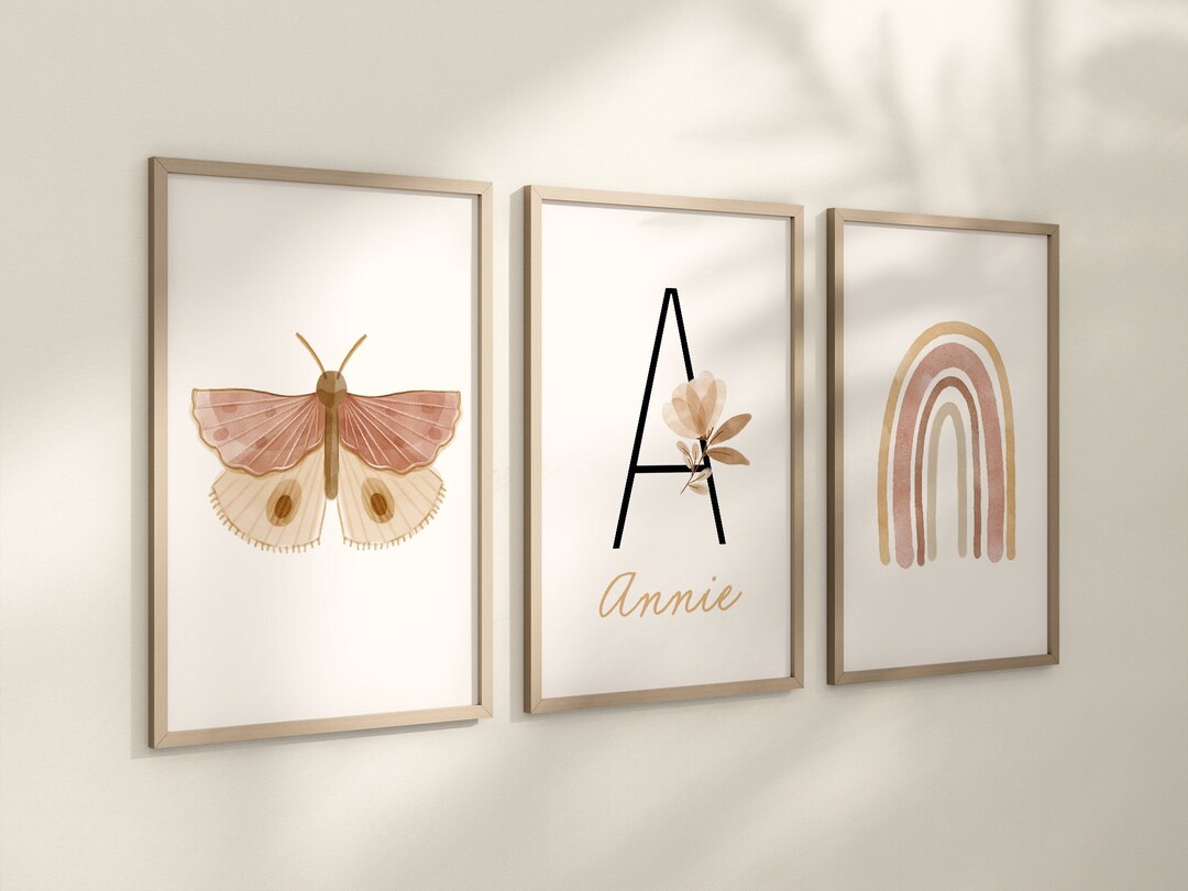 Personalized Boho Butterfly Floral, Set of 3 Nursery Art Prints ...