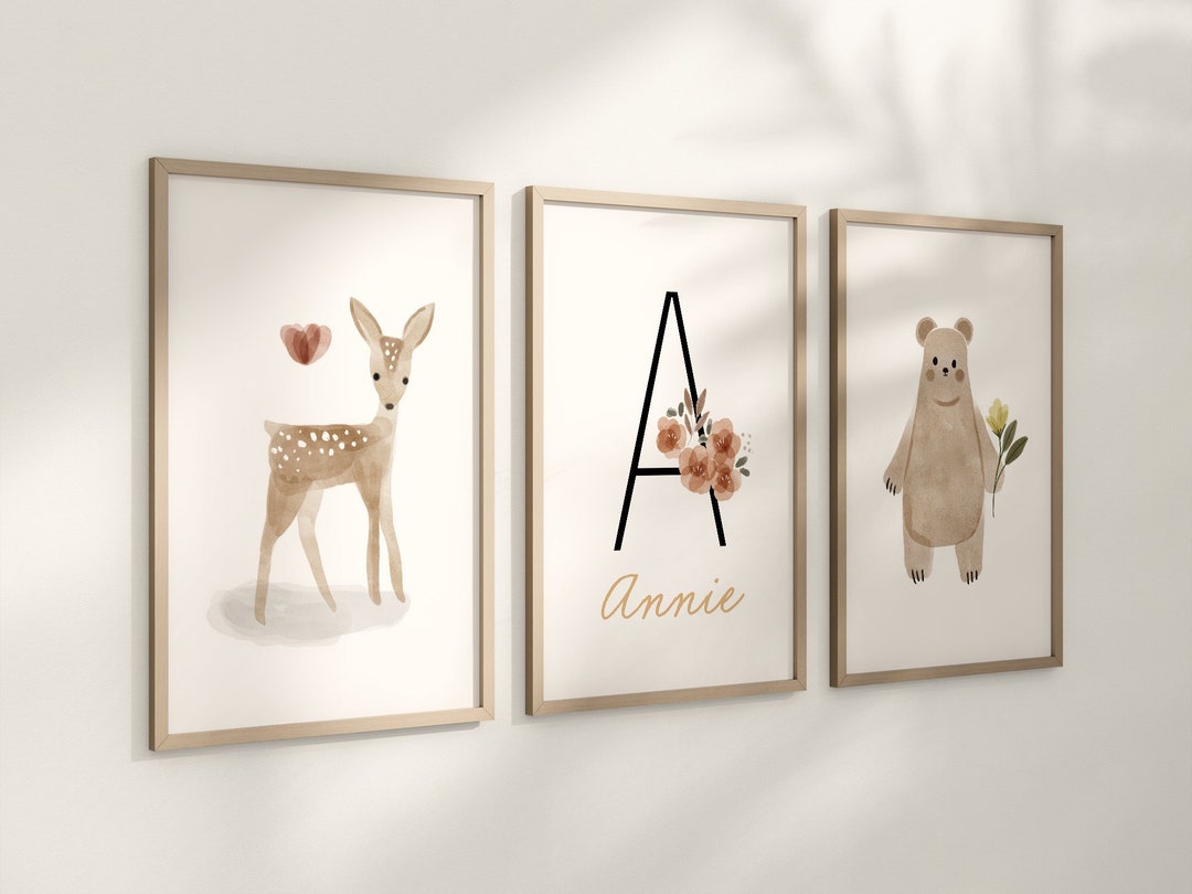 Personalized Boho Woodland Floral Animal Set of 3 Nursery Art Prints ...