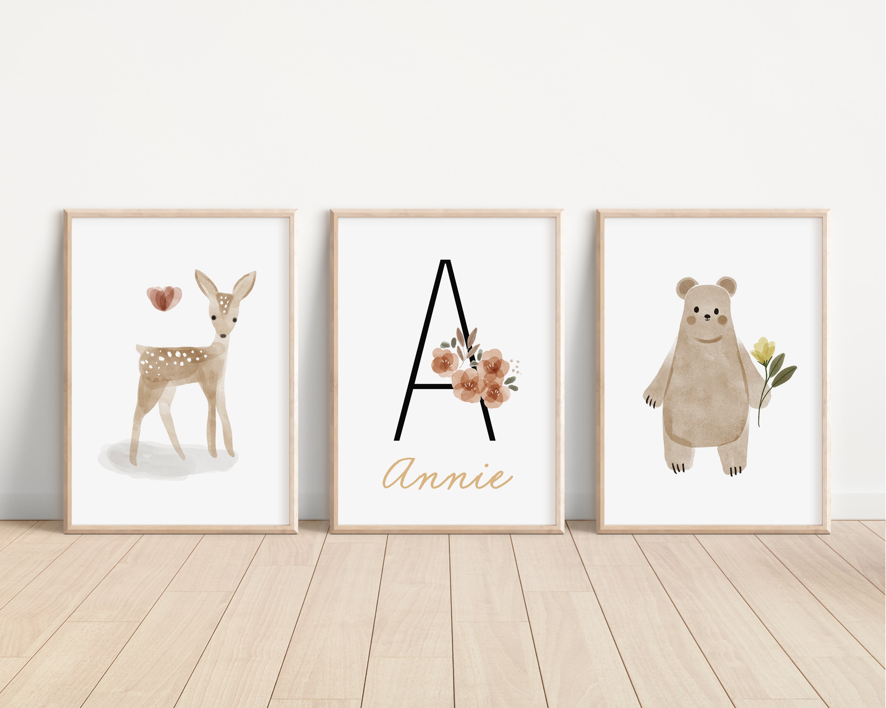 Personalized Boho Woodland Floral Animal Set of 3 Nursery Art Prints ...