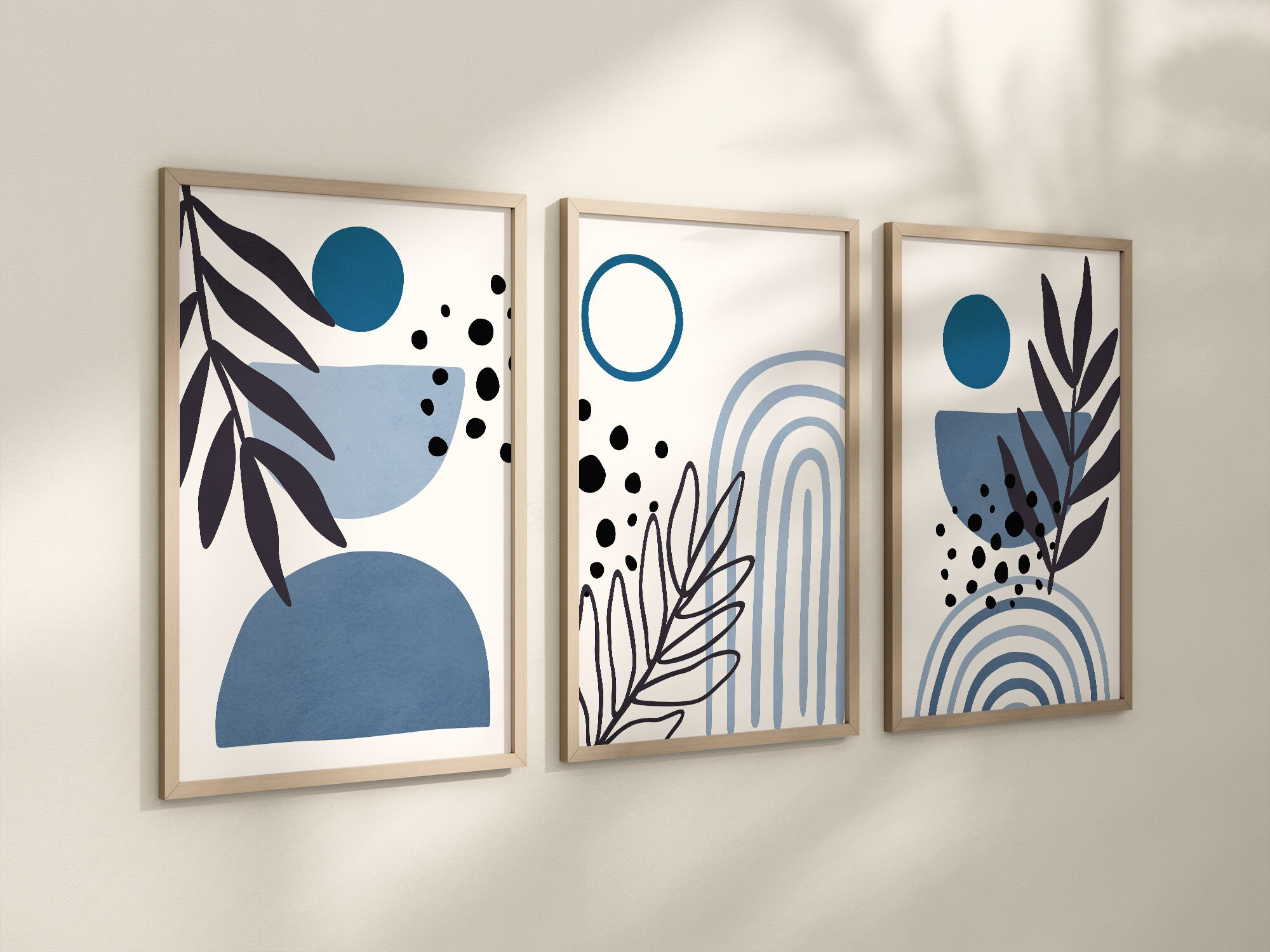 Set of 3 Boho Abstract Wall Navy Blue Art Prints, Greenery Boho Wall ...