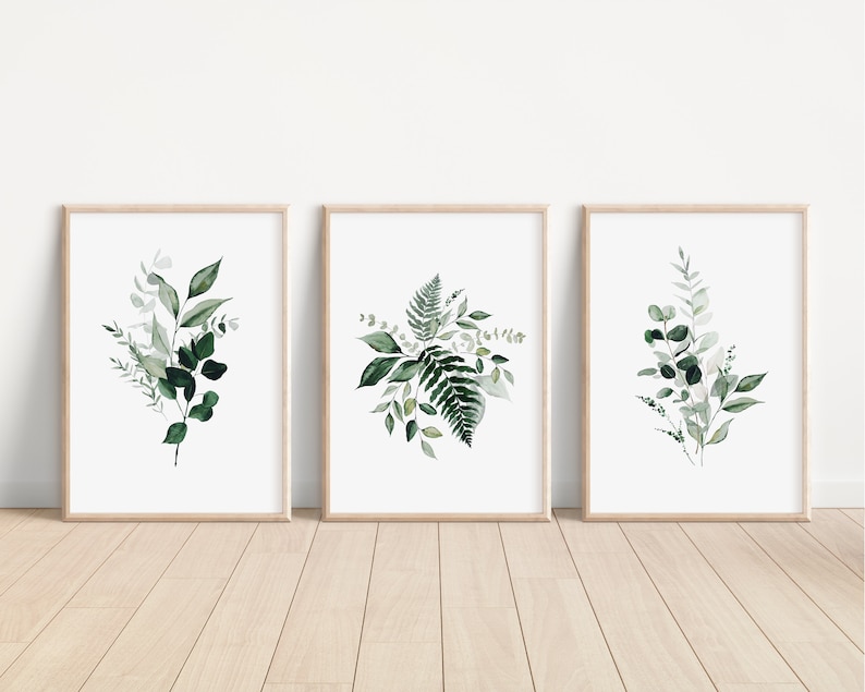 Set of 3 Botanical Greenery Art Prints, Watercolor Foliage, Home Decor ...