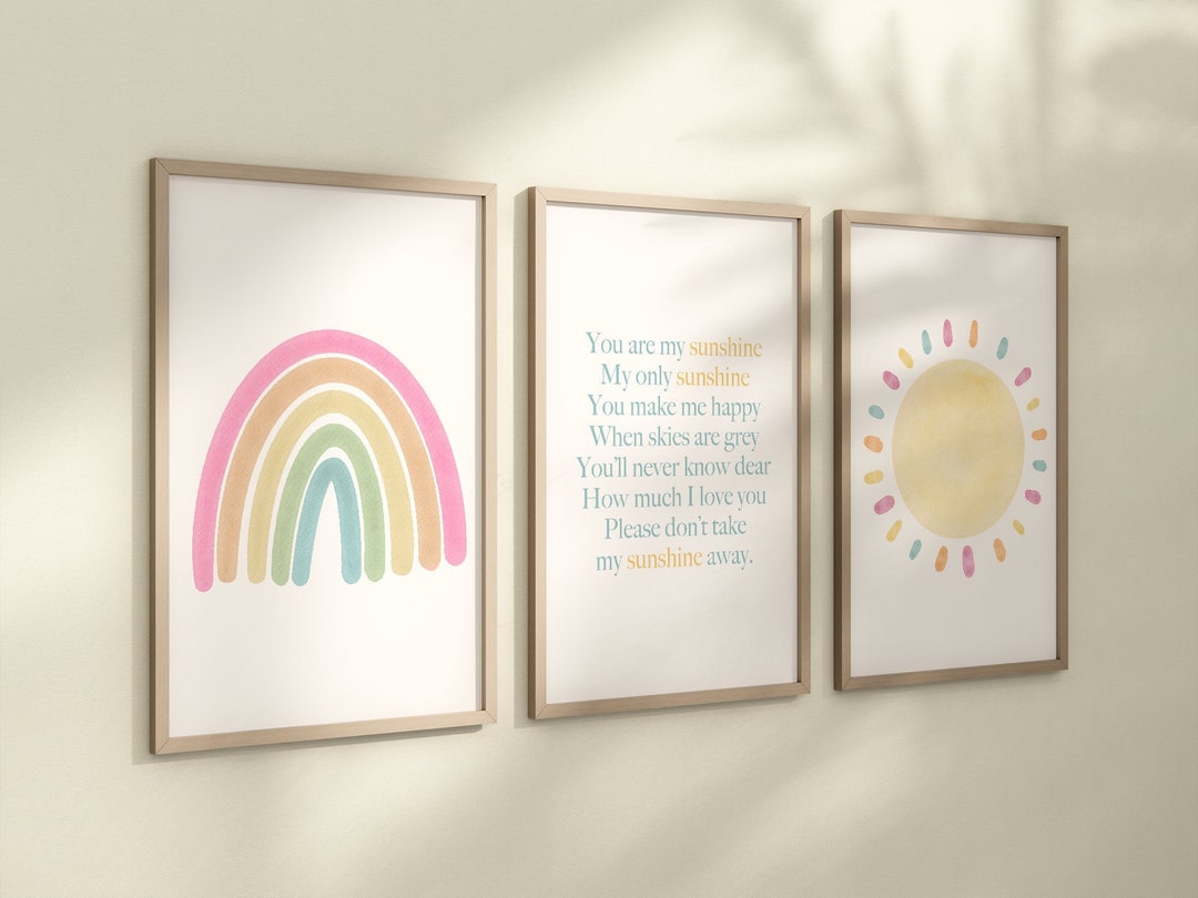 Pastel You Are My Sunshine Set of 3 Nursery Art Prints, Sun, Rainbow ...