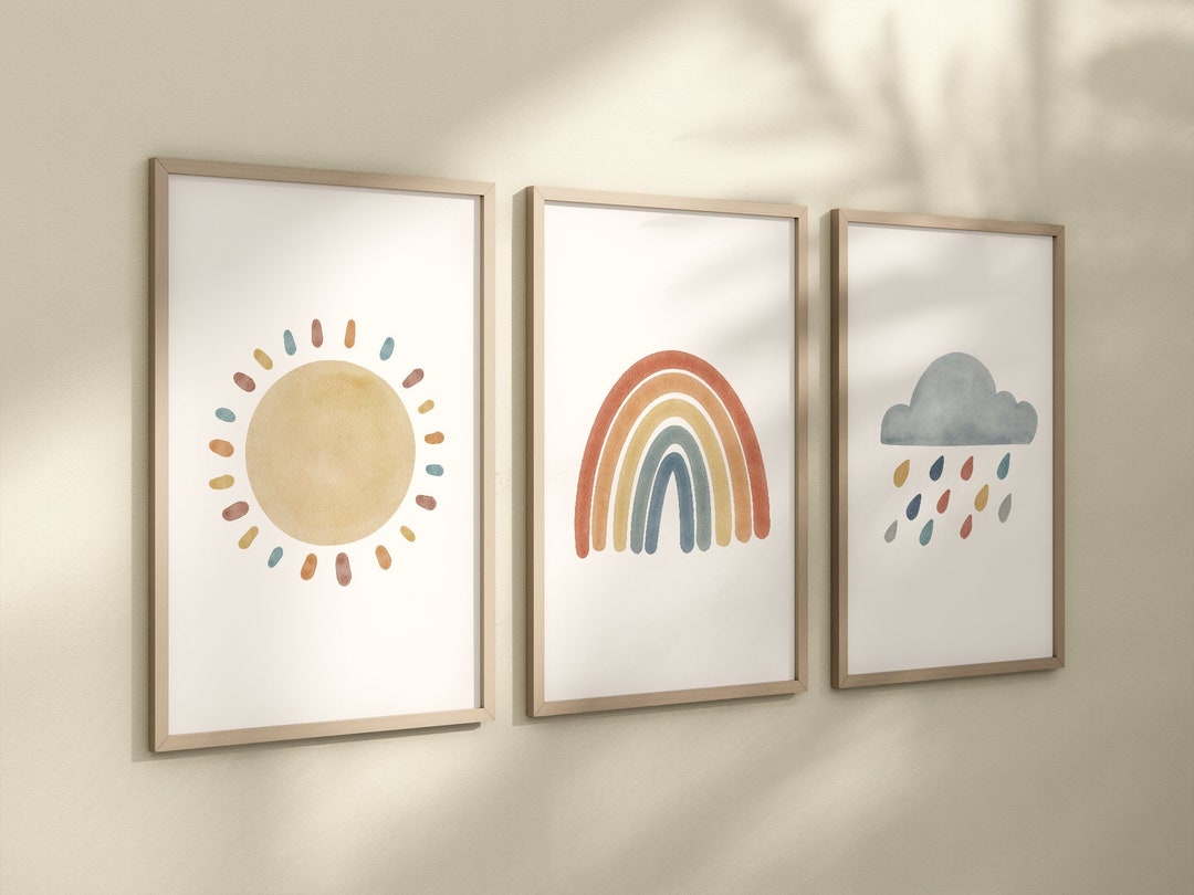 Boho Rainbow Sun Cloud Set of 3 Nursery Art Prints, Weather Colorful ...