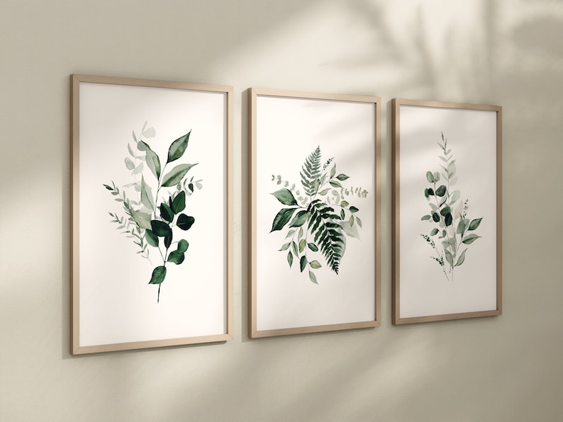 Set of 3 Botanical Greenery Art Prints, Watercolor Foliage, Home Decor ...