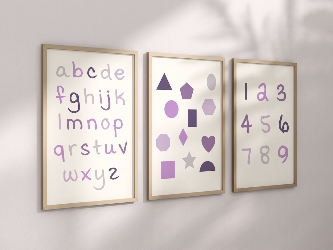 Set of 3 Lavender Alphabet and Shapes Nursery Art Prints, Education ...