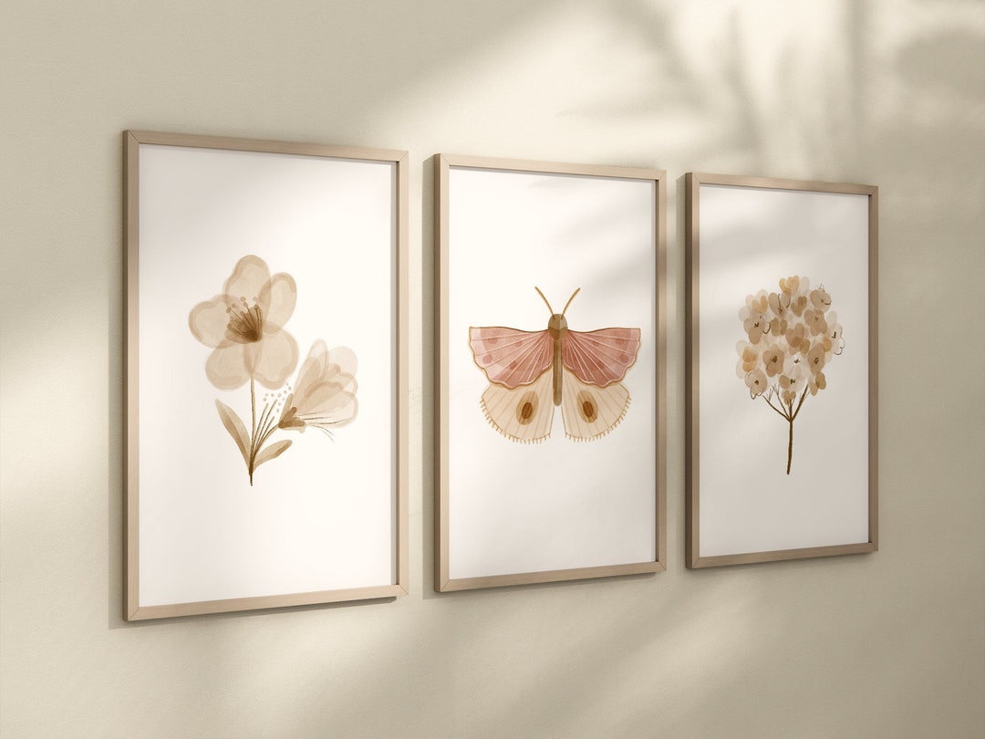 Boho Butterfly Floral Set of 3 Nursery Art Prints, Butterfly Nursery ...