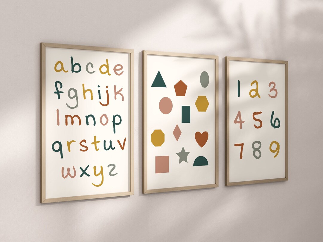 Set of 3 Alphabet and Shapes Nursery Art Prints, Education Wall Decor ...