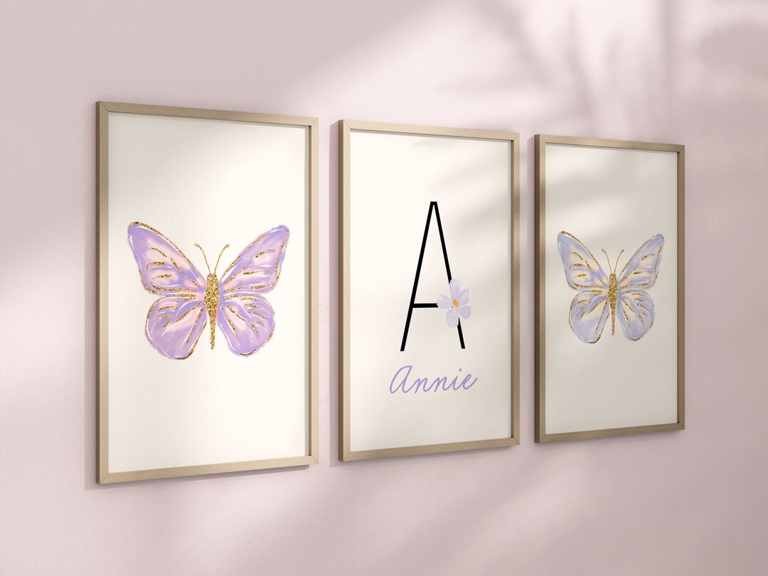 Personalized Purple Butterflies Set of 3 Nursery Art Prints, Butterfly ...