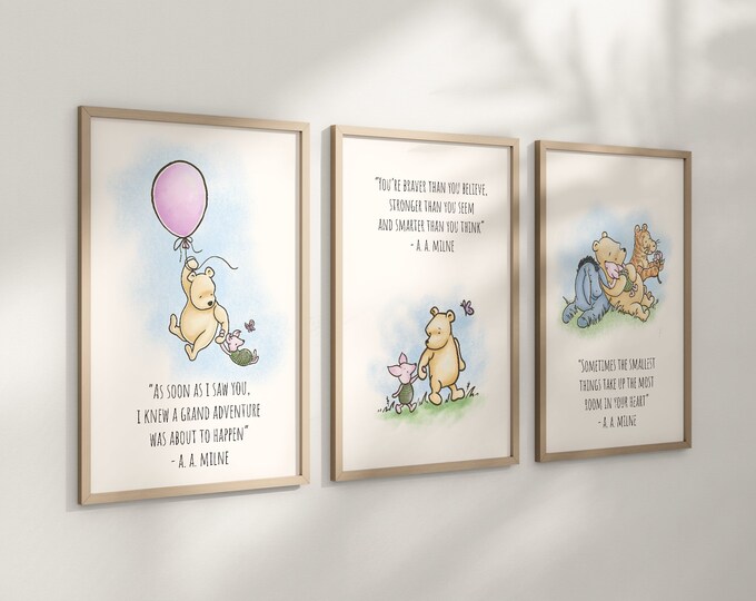 Winnie the Pooh Art Print Set of 4 in Color, Wall Print, Sketched Boho ...