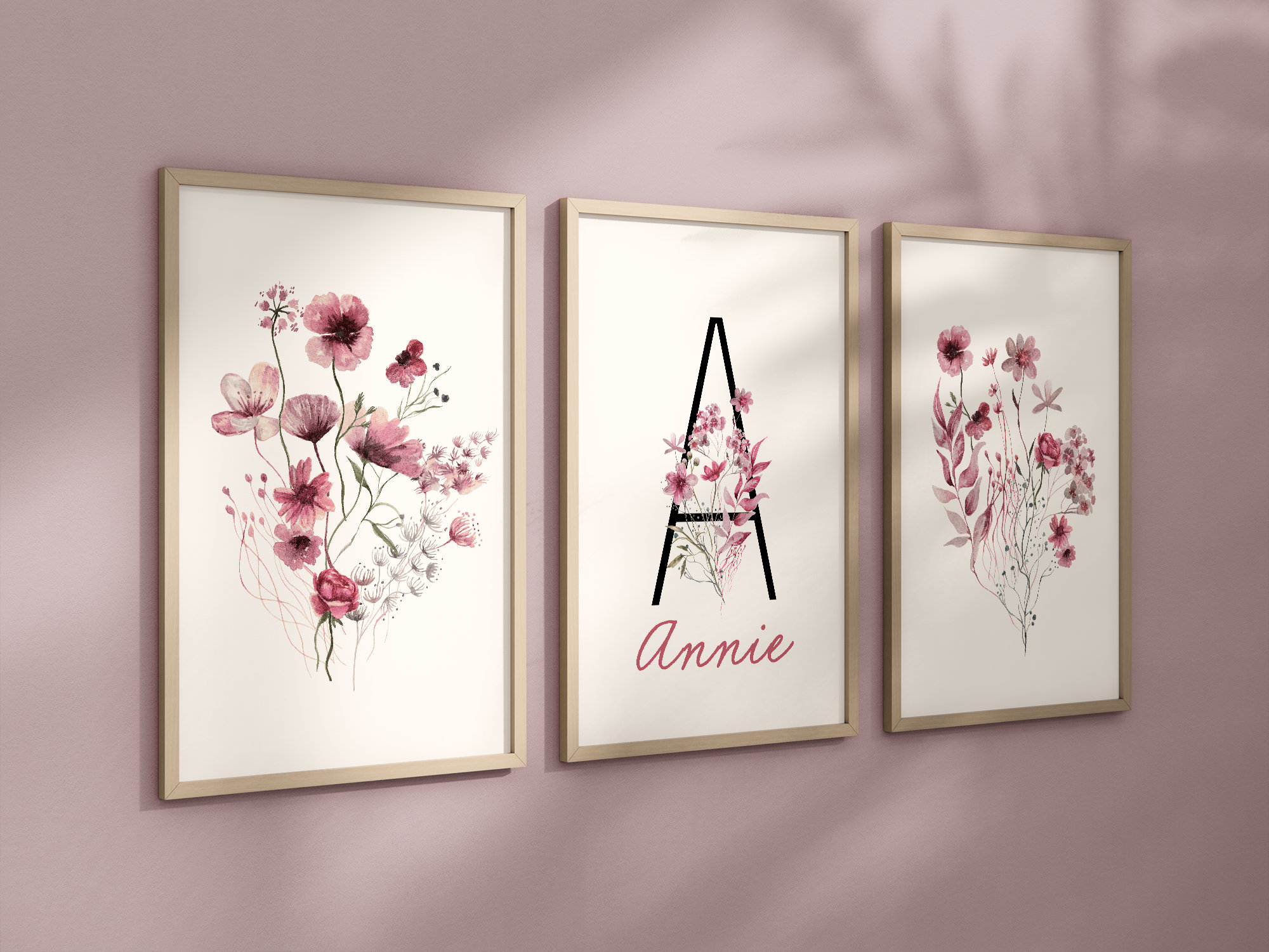 Personalized Set of 3 Maroon Boho Wildflowers Floral Art Prints, Wall ...