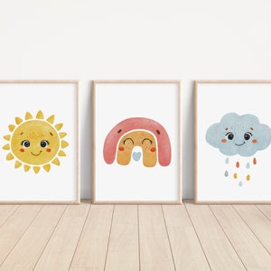 Rainbow Sun Cloud Set of 3 Nursery Art Prints, Weather Colorful Nursery ...