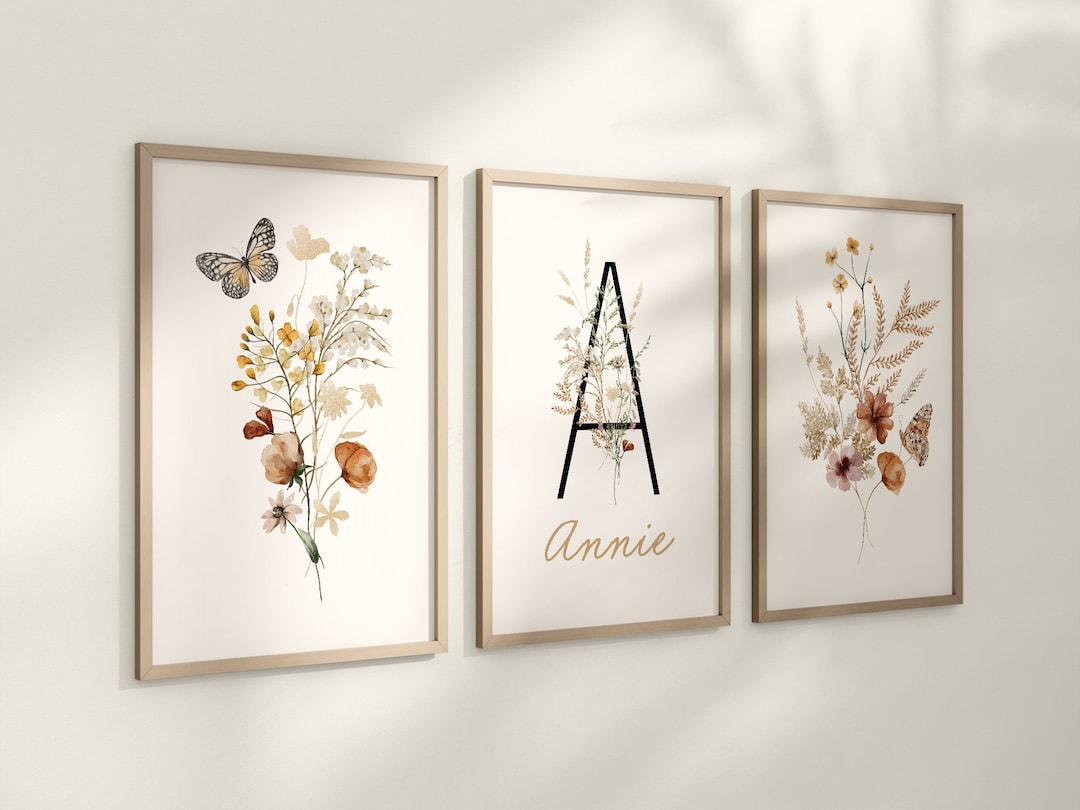 Personalized Set of 3 Boho Wildflowers Floral Art Prints, Leaf ...