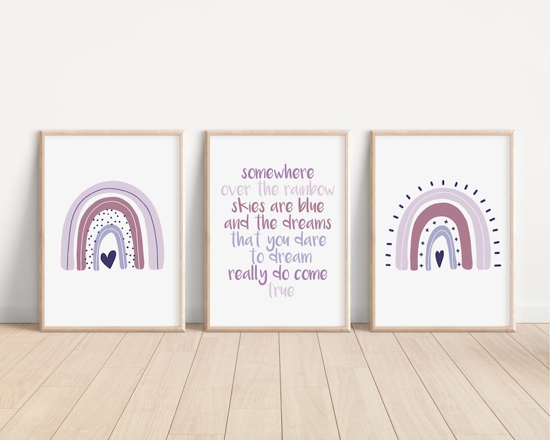Boho Rainbow Set of 3 Nursery Art Prints Girl Purple Nursery - Etsy
