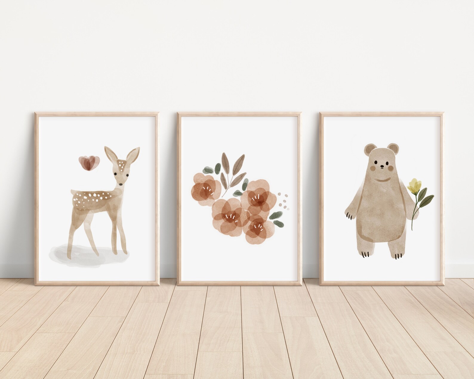 Boho Woodland Floral Animal Set of 3 Nursery Art Prints - Etsy