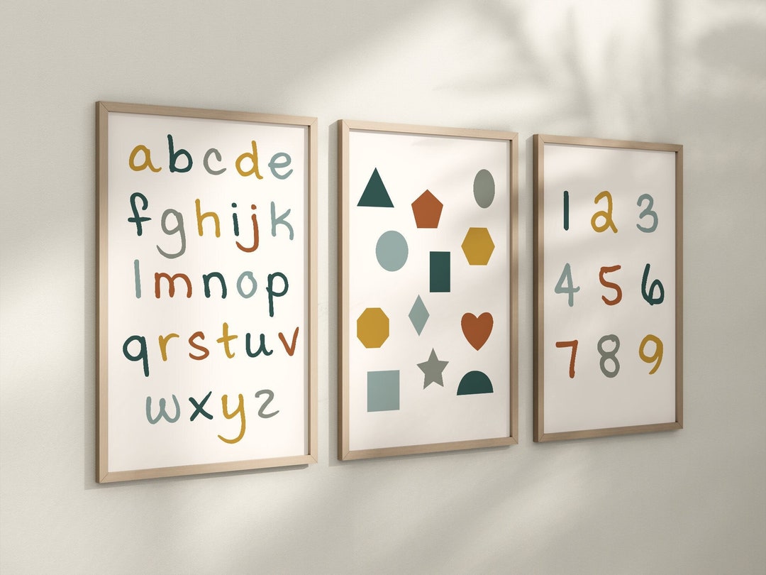Set of 3 Alphabet and Shapes Nursery Art Prints, Education Wall Decor ...