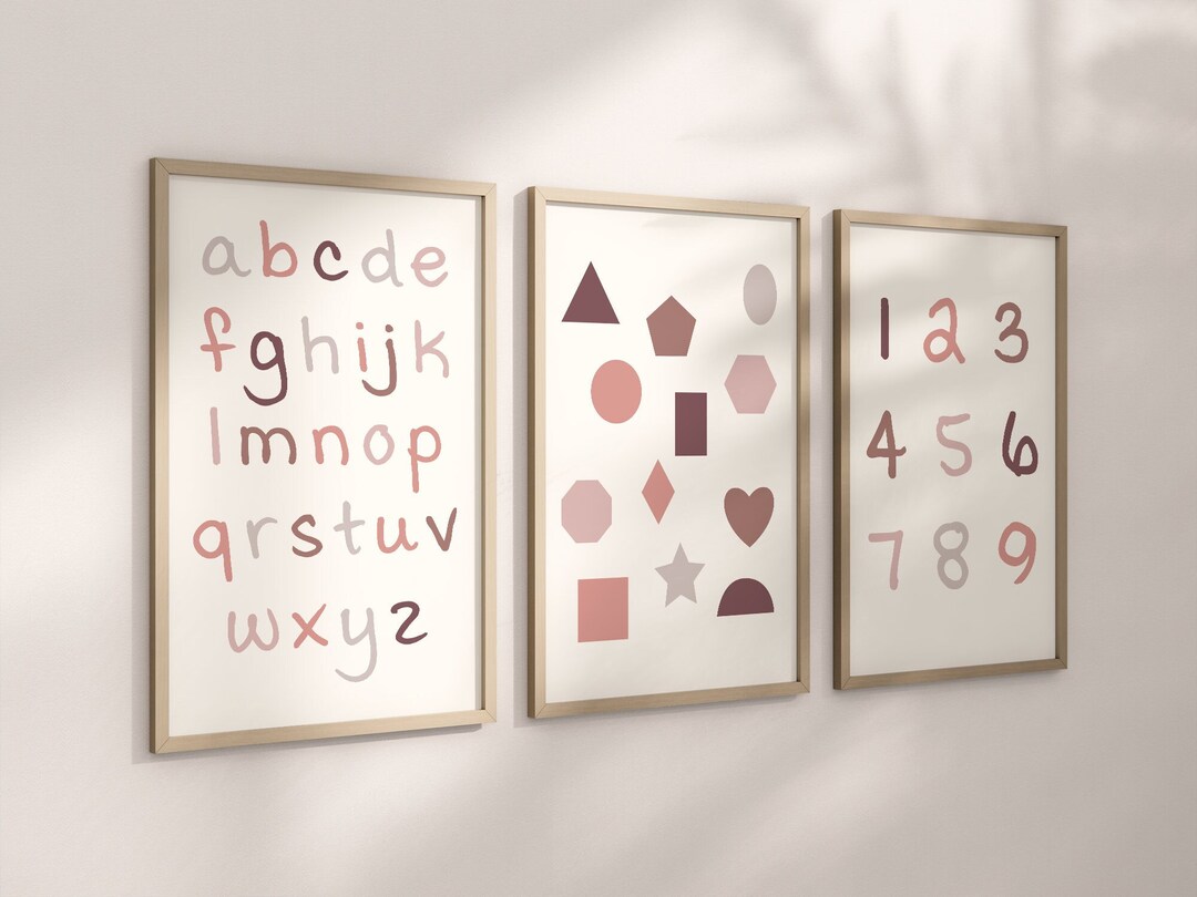 Set of 3 Pink Alphabet and Shapes Nursery Art Prints, Education Wall ...