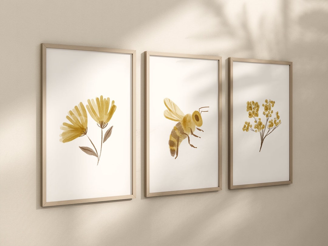 Boho Floral Bee Art Prints, Yellow Nursery Wall Art, Nursery Decor ...