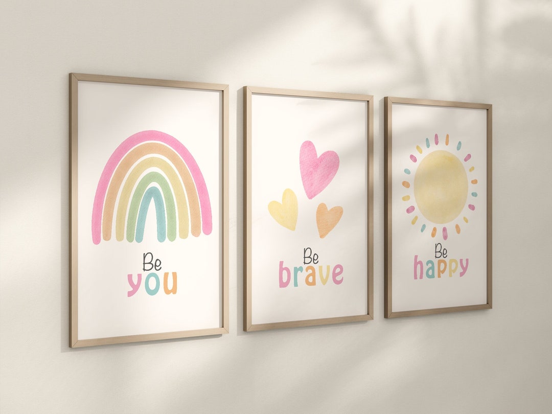 Pastel Rainbow Sun Hearts Set of 3 Nursery Art Prints, Affirmation ...