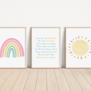 Pastel You Are My Sunshine Set of 3 Nursery Art Prints, Sun, Rainbow ...