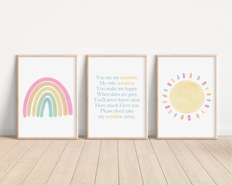 Pastel You Are My Sunshine Set of 3 Nursery Art Prints, Sun, Rainbow ...