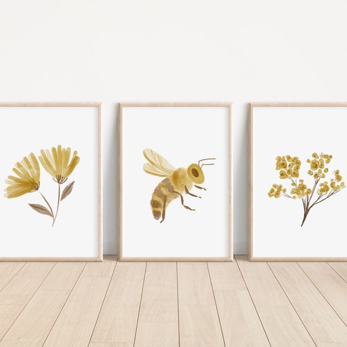 Boho Floral Bee Art Prints Yellow Nursery Wall Art Nursery - Etsy