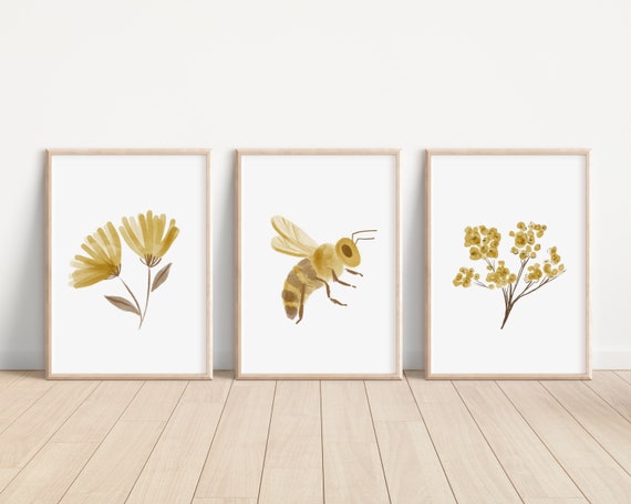 Boho Floral Bee Art Prints Yellow Nursery Wall Art Nursery - Etsy