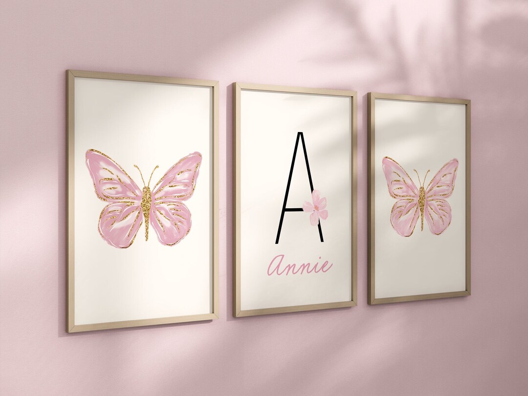 Personalized Pink Butterflies Set of 3 Nursery Art Prints, Butterfly ...