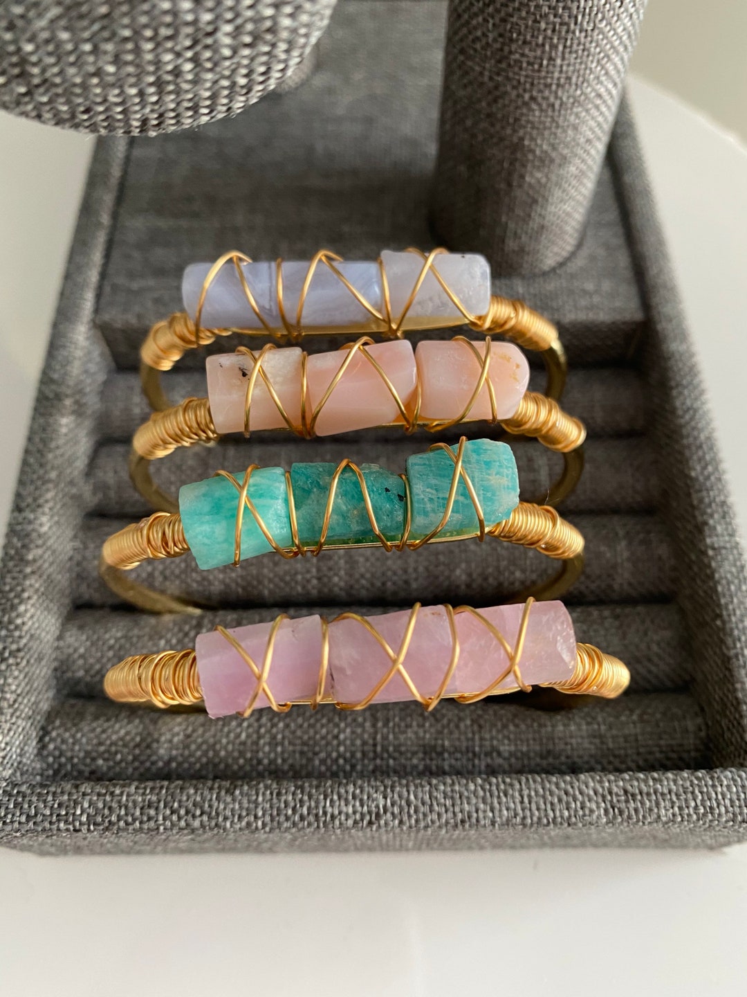 Large Stone Bangle Bracelet- Stackable Wire Wrapped- Stone Cuff ...