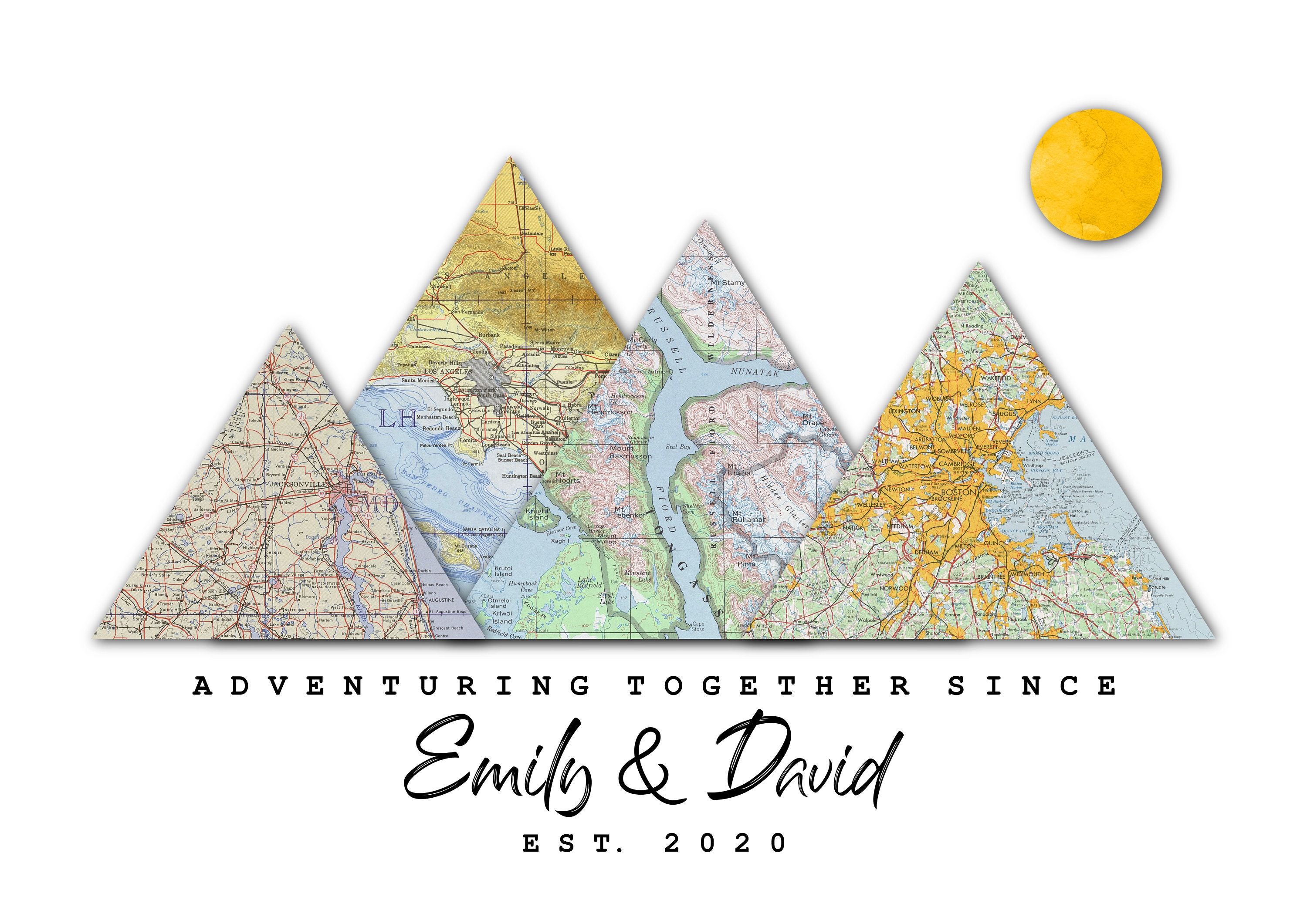 Personalized Adventure Map 4 Locations Mountains , Custom Travel Poster ...