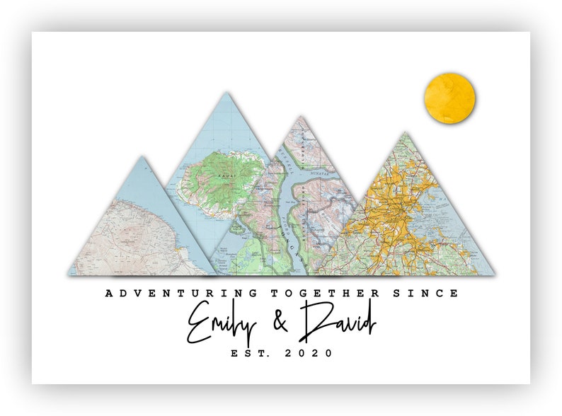 Personalized Adventure Map 4 Locations Mountains , Custom Travel Poster ...