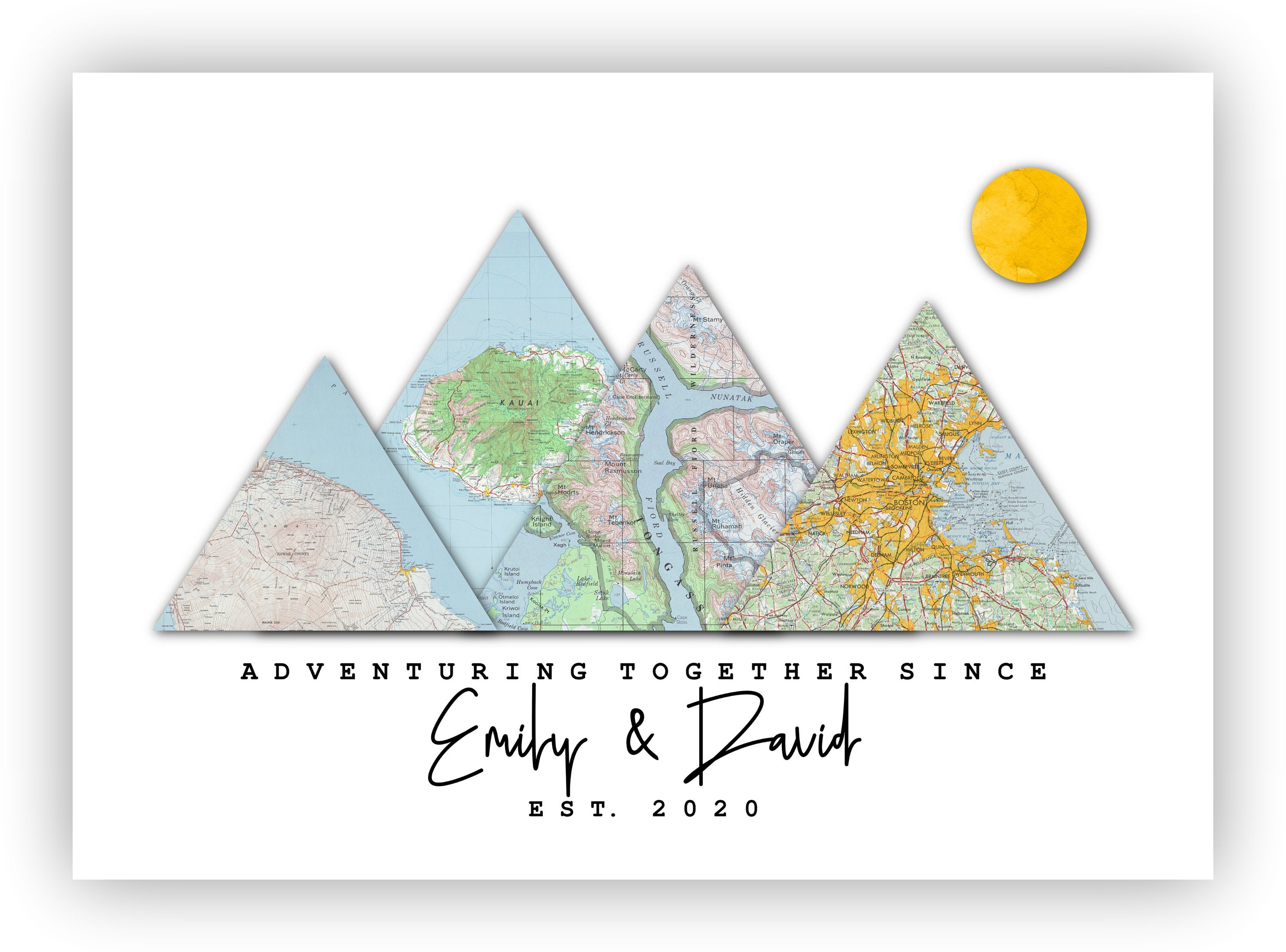 Personalized Adventure Map 4 Locations Mountains , Custom Travel Poster ...