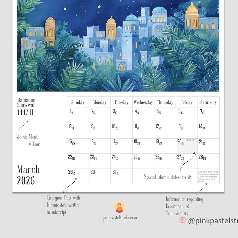 2026 Islamic Mosques Wall Calendar | Hijri Dates & Events | Beautiful ...