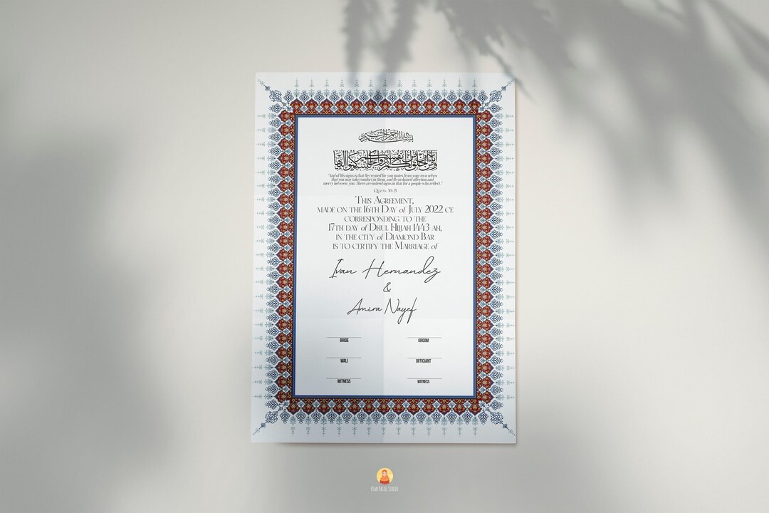 Nikkah Contract Personalized Nikah Nama Muslim Marriage Certificate ...