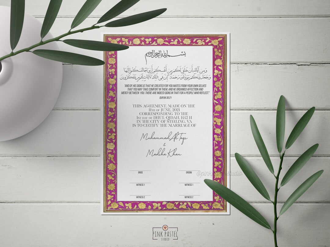 Nikkah Contract | Personalized Nikah Nama | Muslim Marriage Certificate ...