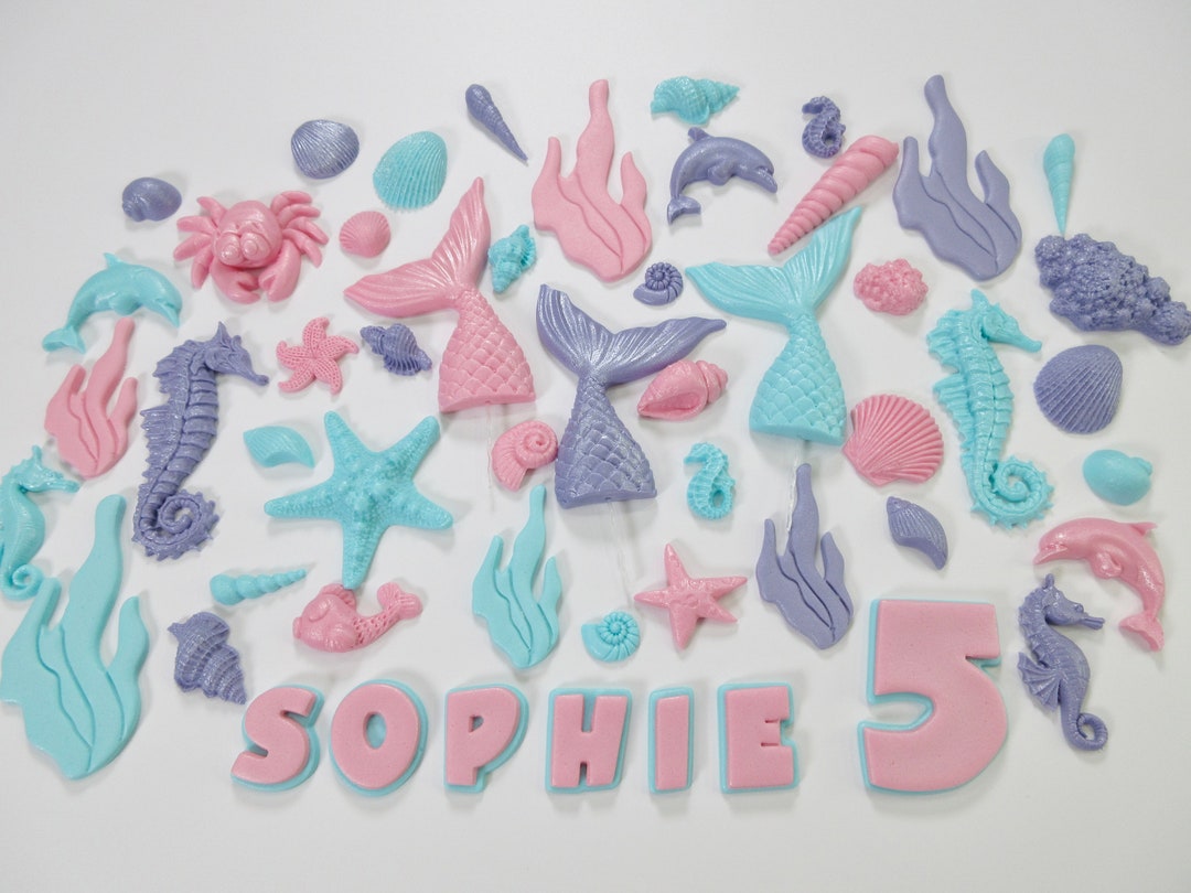 Mermaid Cake Topper Seashells Aqua Pink Purple Edible Fondant - Etsy UK