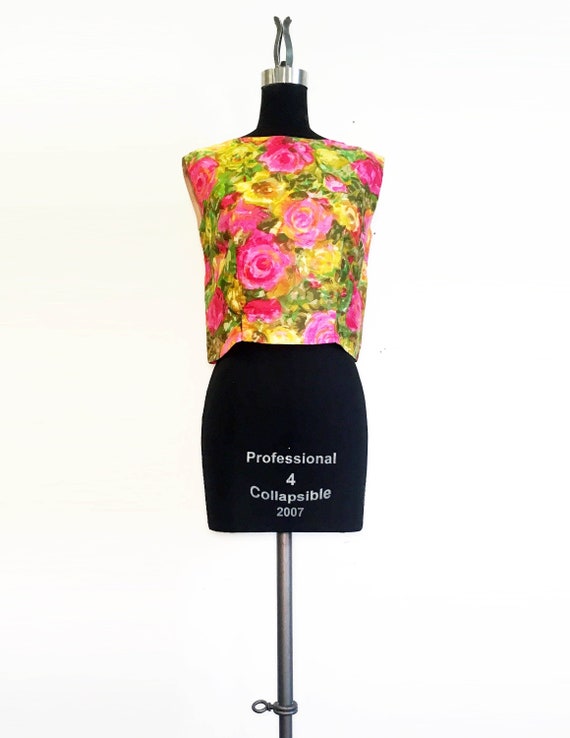Vintage Painted Rose Print Silk Boxy Shell Top - Gem