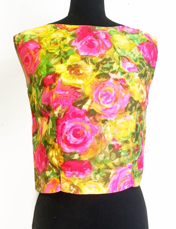 Vintage Painted Rose Print Silk Boxy Shell Top - Gem