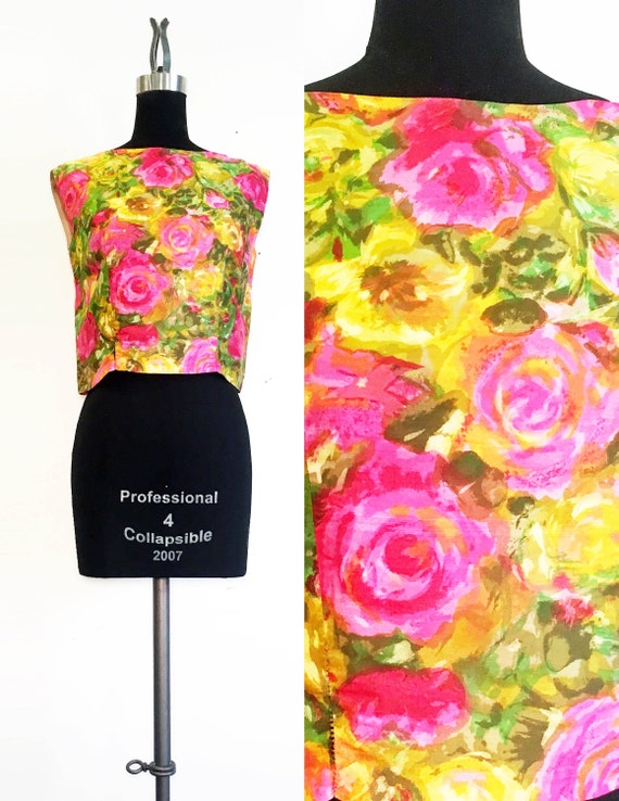 Vintage Painted Rose Print Silk Boxy Shell Top - Gem