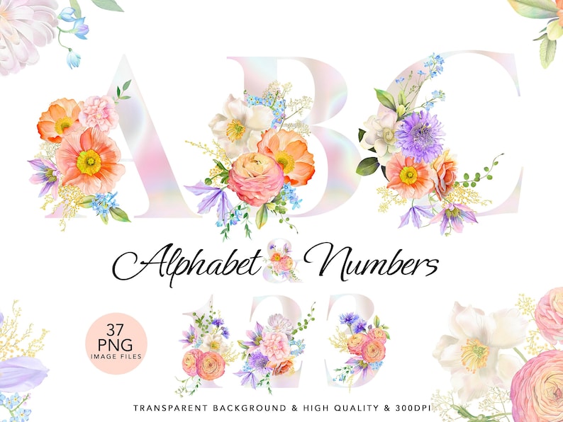 Floral Alphabet PNG – Holographic Letters Clipart – Watercolor Flower ...