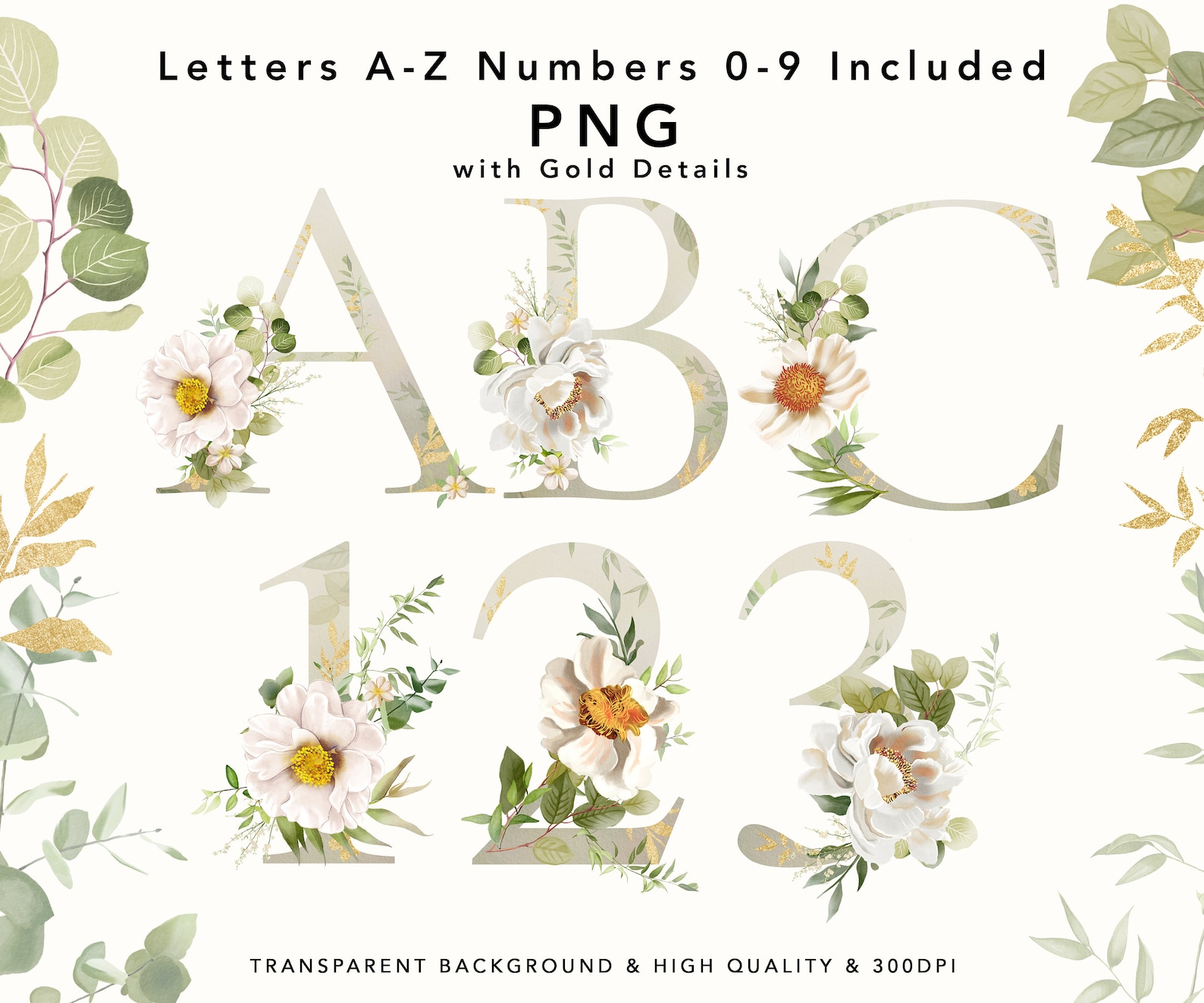 Watercolor Floral Alphabet & Numbers PNG, Gold Details (digital ...