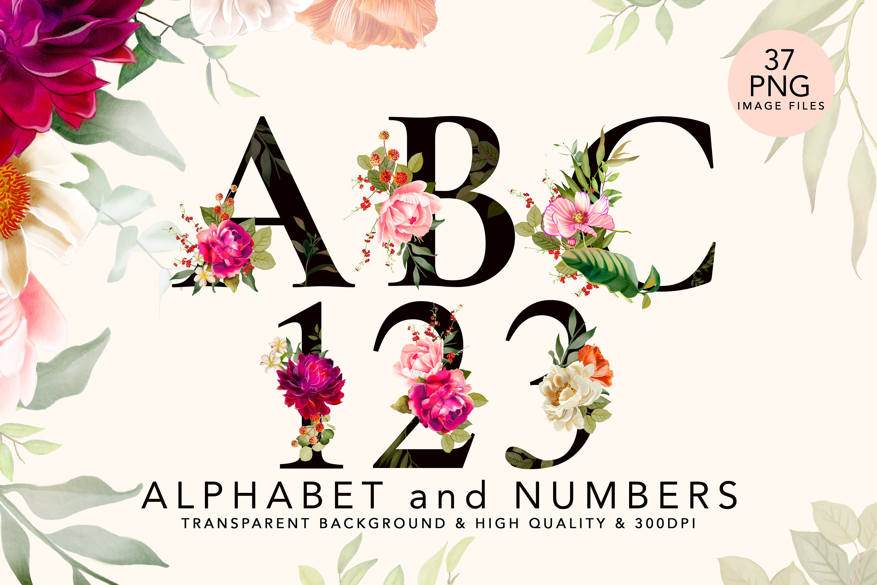 Watercolor Floral Alphabet Clipart: Botanical Letters & Numbers (PNG ...