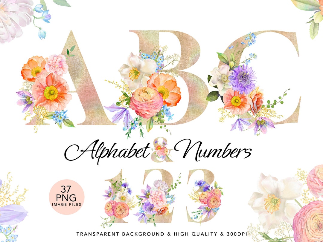 Watercolor Floral Alphabet With Peachy Fuzz Color Flower Numbers With ...
