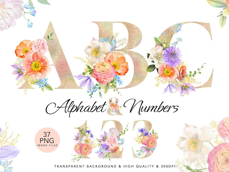 Watercolor Floral Alphabet With Peachy Fuzz Color Flower Numbers With ...