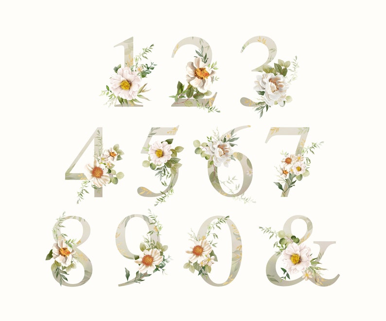 Watercolor Floral Alphabet & Numbers PNG, Gold Details (digital ...