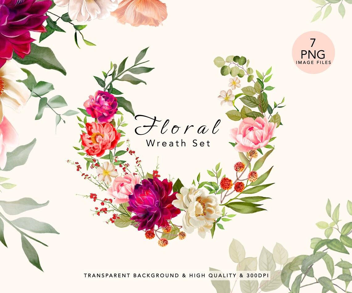 Watercolor Spring Flower Wreath Clipart Botanical Png - Etsy
