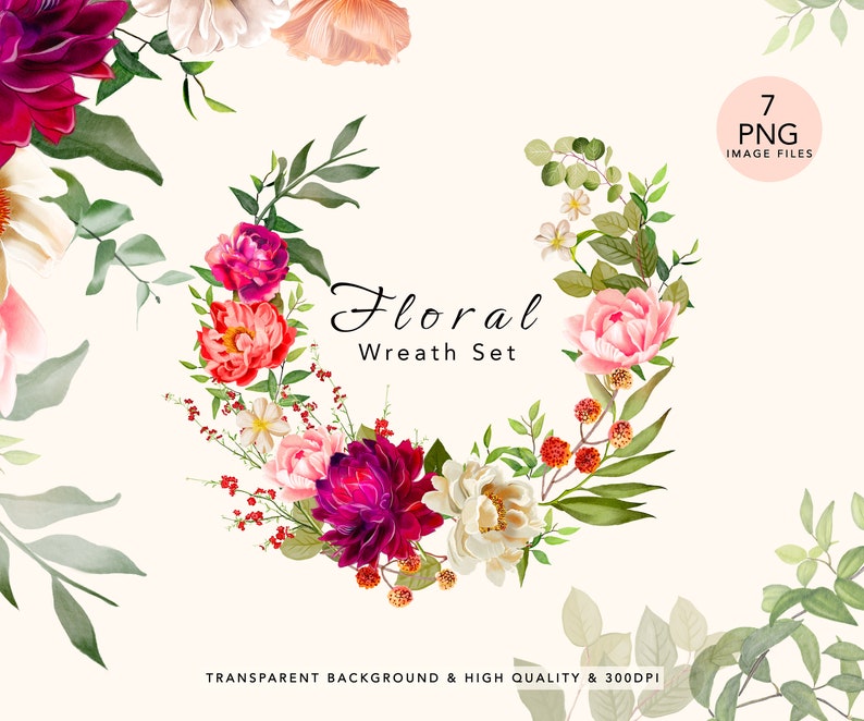 Watercolor Spring Flower Wreath Clipart Botanical Png - Etsy